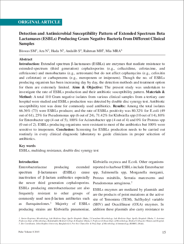 (PDF) Detection and Antimicrobial Susceptibility Pattern of Extended Spectrum Beta Lactamases ...