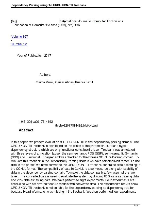 Pdf Dependency Parsing Using The Urdu Kon Tb Treebank Saima Munir