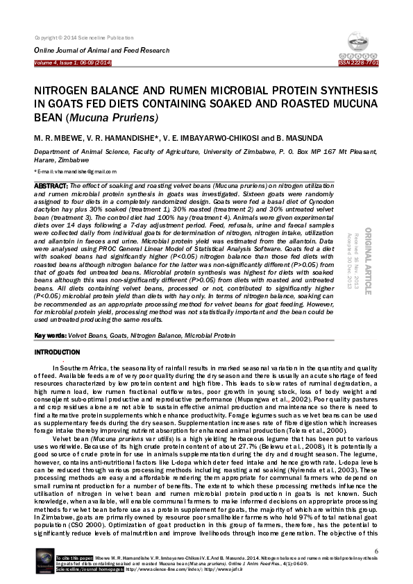 (PDF) Nitrogen Balance and Rumen Microbial Protein Synthesis in Goats ...