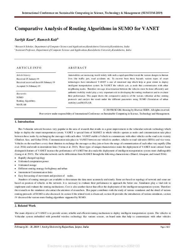 (PDF) Comparative Analysis of Routing Algorithms in SUMO for VANET