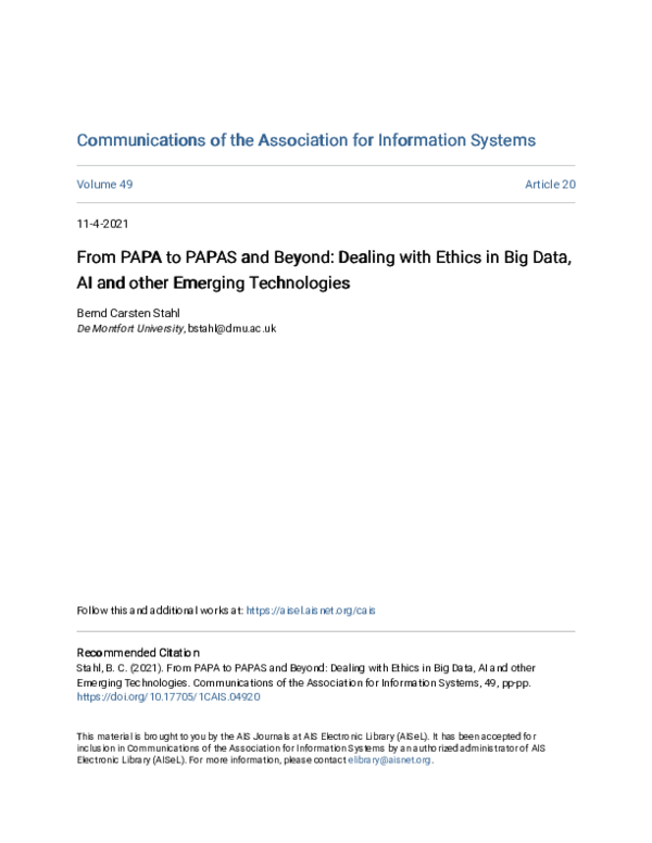 (PDF) From PAPA to PAPAS and Beyond: Dealing with Ethics in Big Data ...