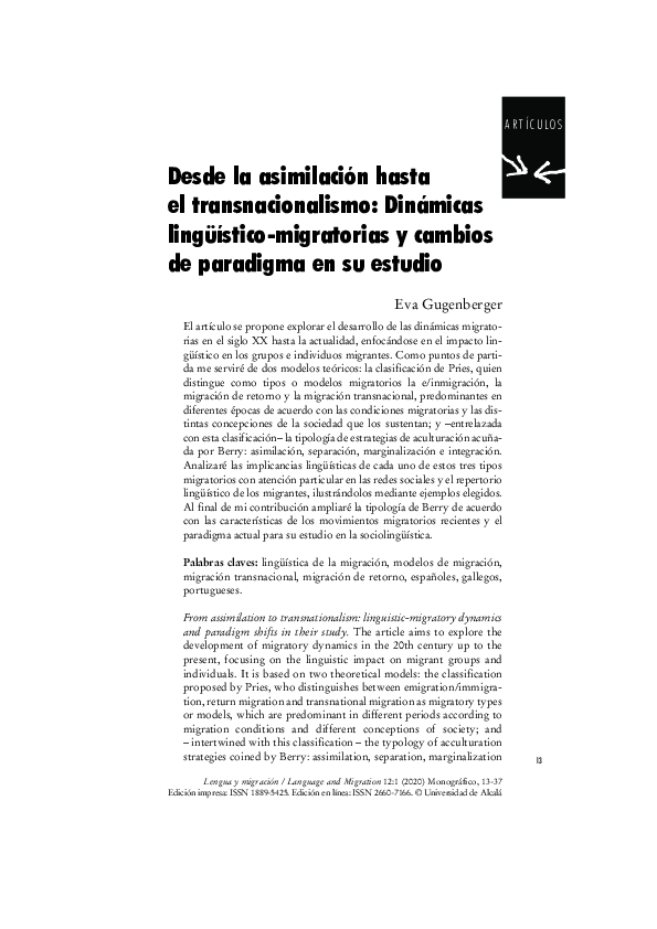 (PDF) Desde la asimilación hasta el transnacionalismo: Dinámicas lingüístico-migratorias y ...