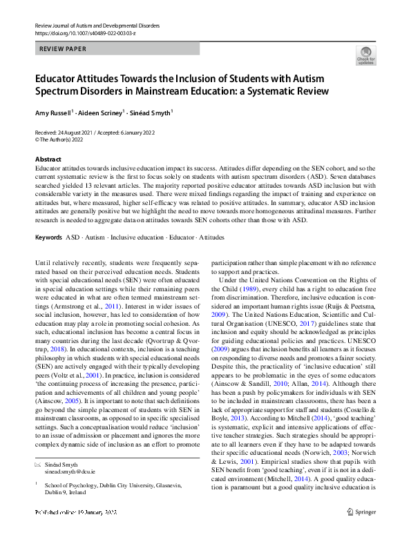 (PDF) Educator Attitudes Towards the Inclusion of Students with Autism Spectrum Disorders in ...