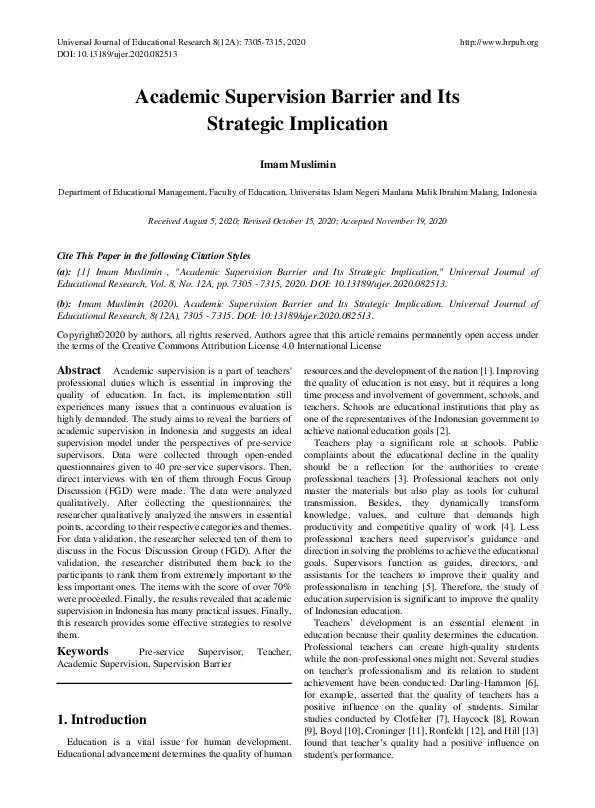 (PDF) Academic Supervision Barrier and Its Strategic Implication