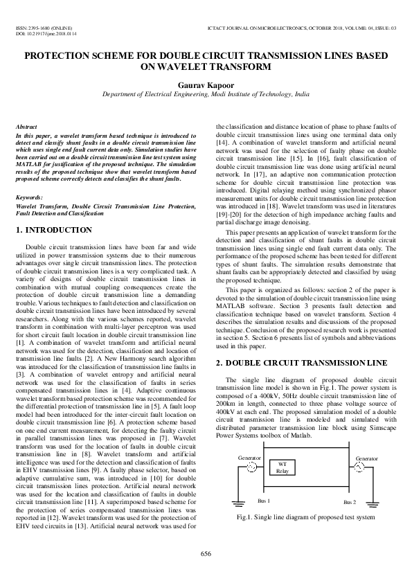 (PDF) Protection Scheme for Double Circuit Transmission Lines Based on Wavelet Transform