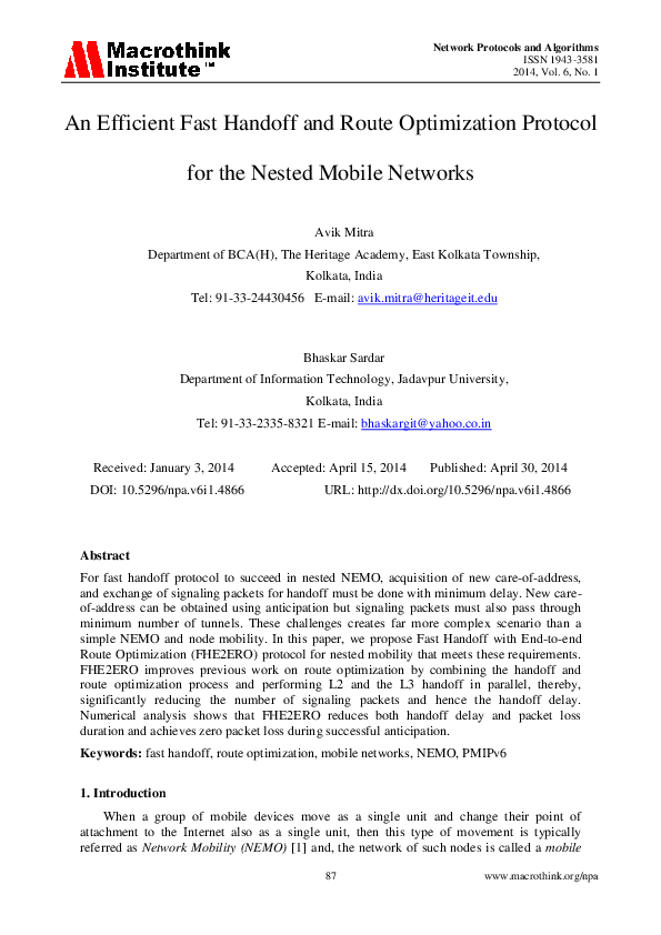 (PDF) An Efficient Fast Handoff and Route Optimization Protocol for the Nested Mobile Networks
