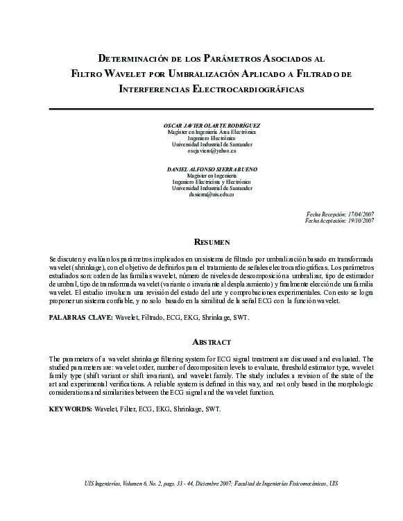 (PDF) Determinación De Los Parámetros Asociados Al Filtro Wavelet Por ...