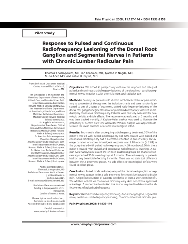 (PDF) Response to Pulsed and Continuous Radiofrequency Lesioning of the ...