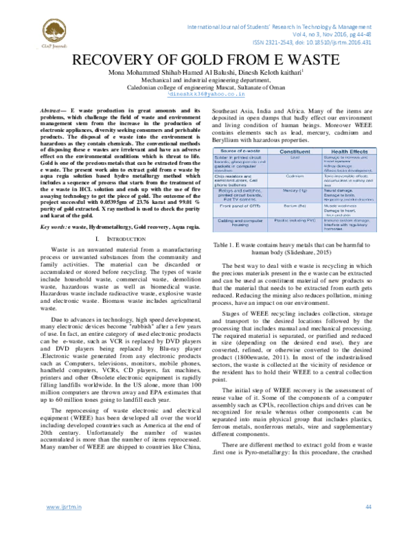(PDF) Recovery of Gold from e Waste
