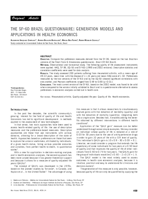 (PDF) O questionário SF-6D Brasil: modelos de construção e aplicações ...