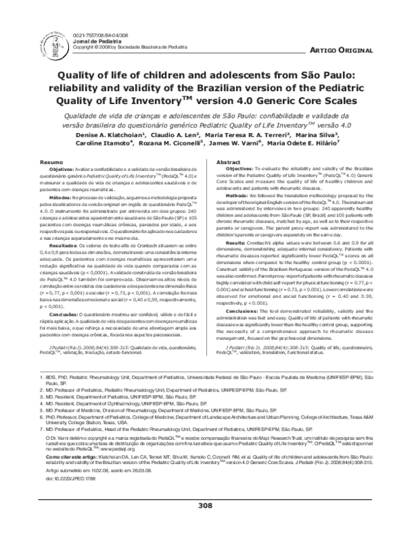 (PDF) Quality of life of children and adolescents from São Paulo ...