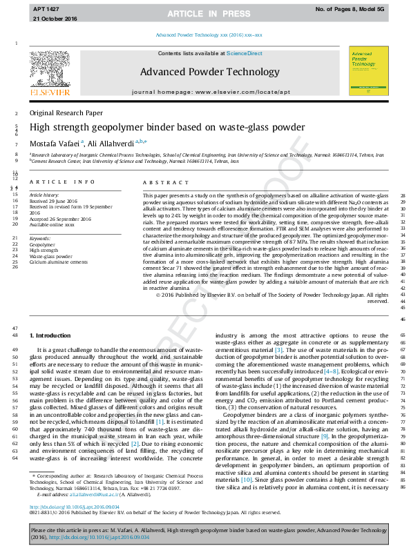 (PDF) High strength geopolymer binder based on waste-glass powder