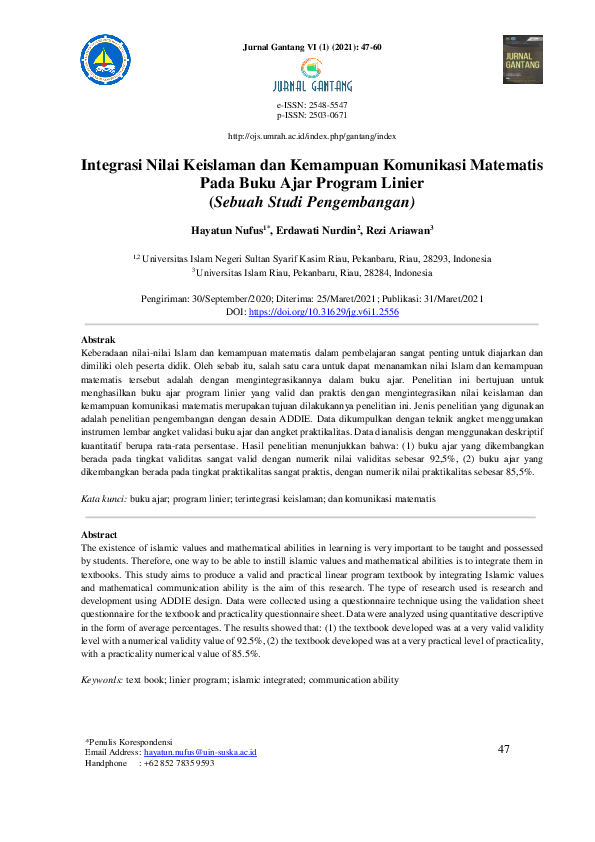 (PDF) Integrasi Nilai Keislaman dan Kemampuan Komunikasi Matematis Pada ...