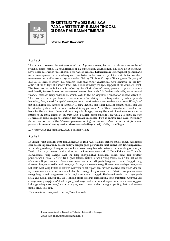 (PDF) Eksistensi Tradisi Bali Aga Pada Arsitektur Rumah Tinggal DI Desa Pakraman Timbrah