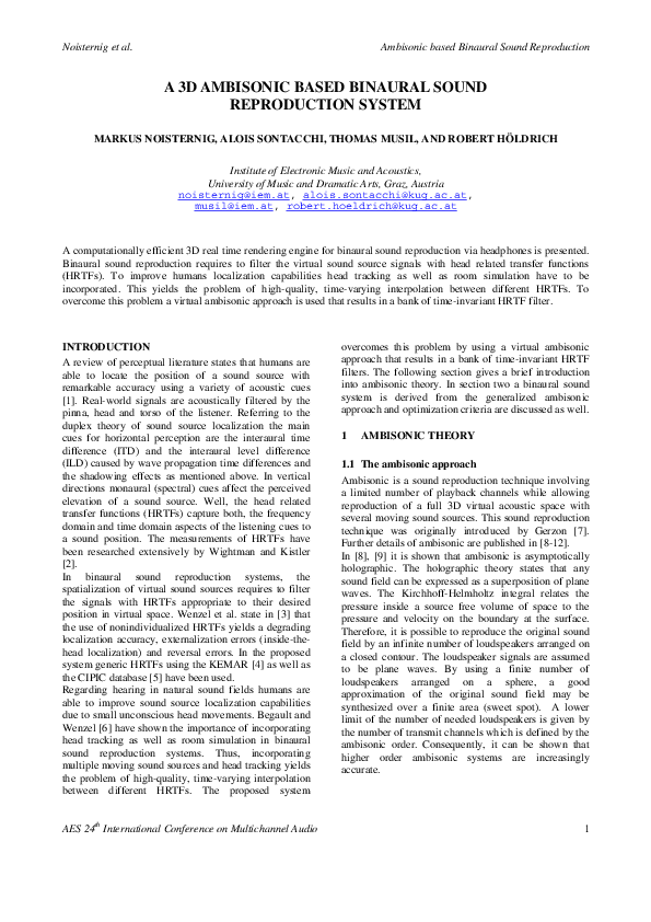 (PDF) Ambisonic Based Binaural Sound Reproduction System