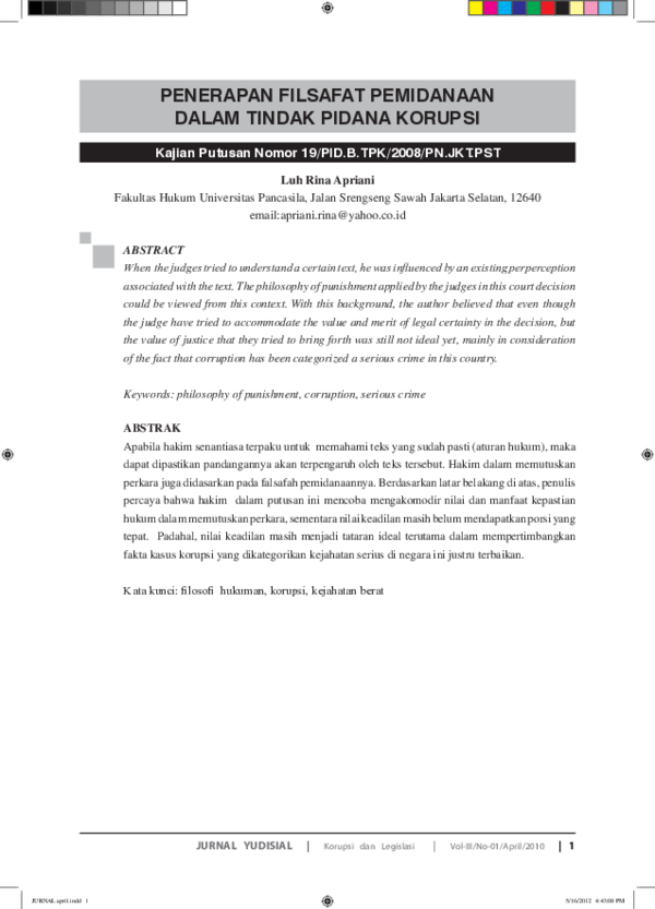 (PDF) Penerapan Filsafat Pemidanaan Dalam Tindak Pidana Korupsi