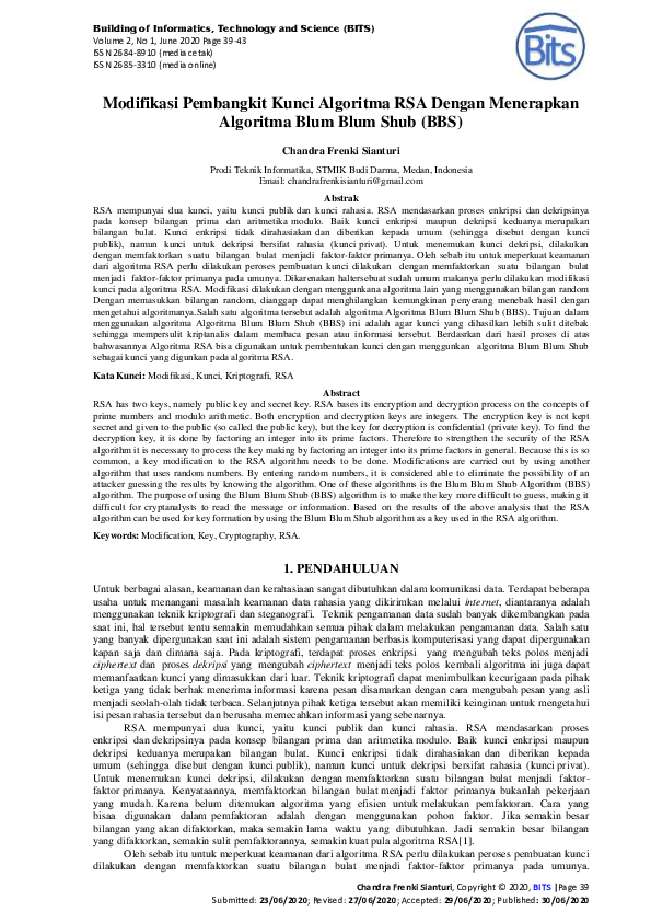 (PDF) Modifikasi Pembangkit Kunci Algoritma RSA Dengan Menerapkan Algoritma Blum Blum Shub (BBS)