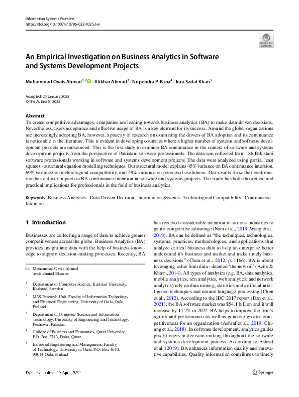 (PDF) An Empirical Investigation on Business Analytics in Software and Systems Development ...