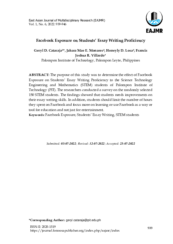 (PDF) Facebook Exposure on Students’ Essay Writing Proficiency