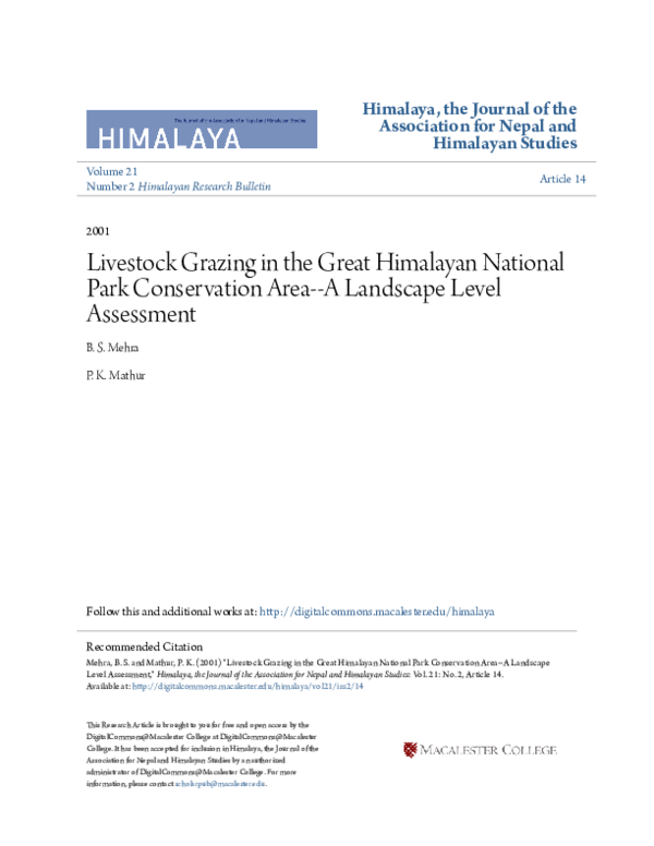 (PDF) Livestock Grazing in the Great Himalayan National Park ...