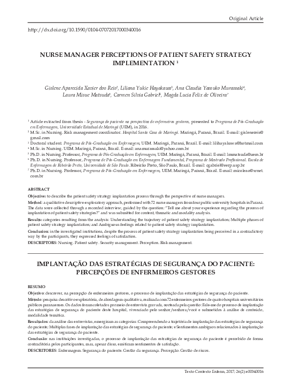 (PDF) Nurse Manager Perceptions of Patient Safety Strategy Implementation