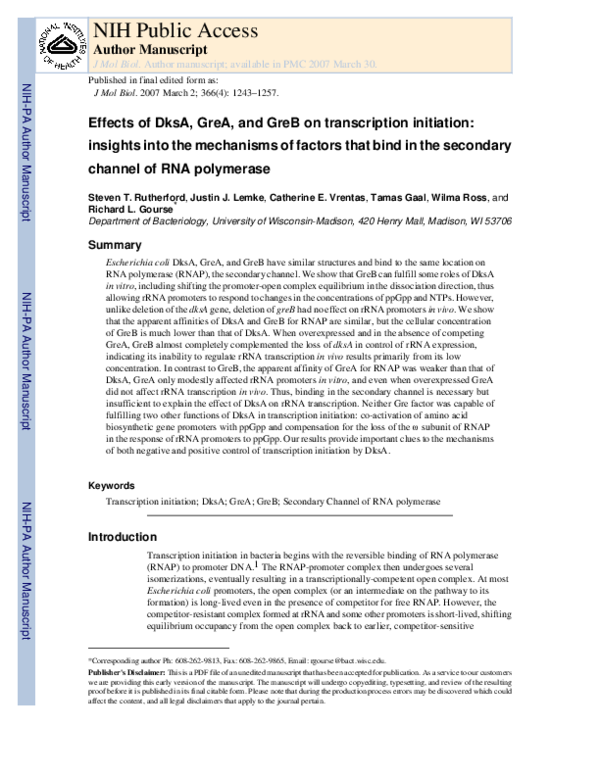 (PDF) Effects of DksA, GreA, and GreB on Transcription Initiation ...