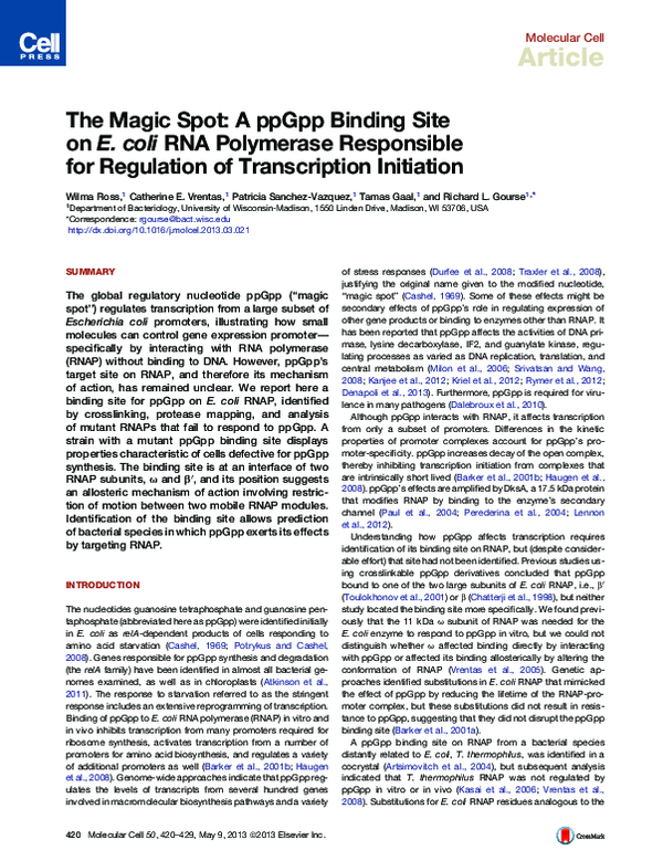 (PDF) The Magic Spot: A ppGpp Binding Site on E. coli RNA Polymerase Responsible for Regulation ...