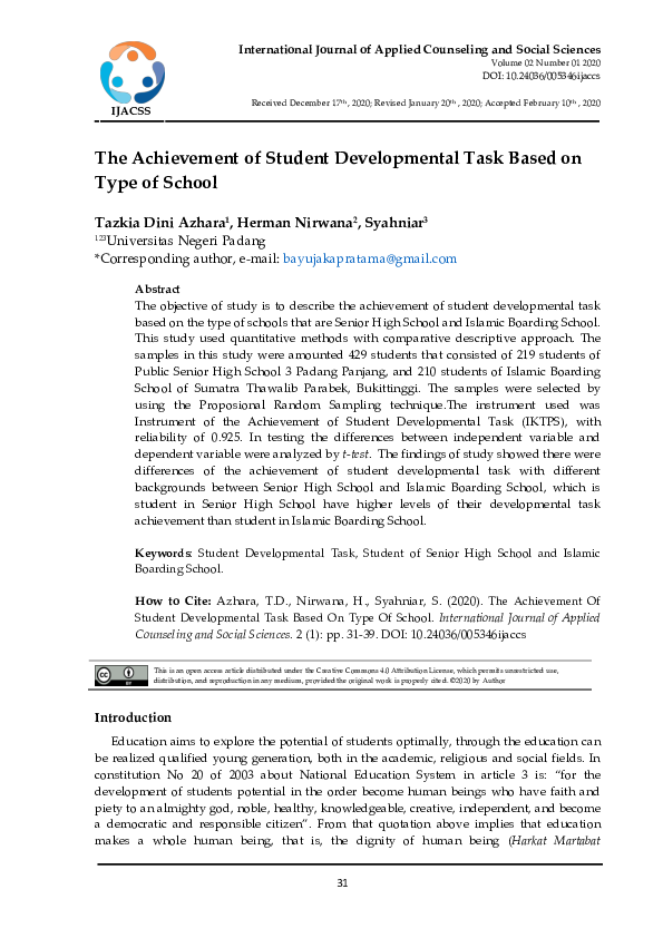 (PDF) The Achievement Of Student Developmental Task Based On Type Of School