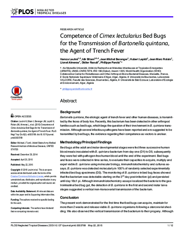 (PDF) Competence of Cimex lectularius Bed Bugs for the Transmission of Bartonella quintana, the ...