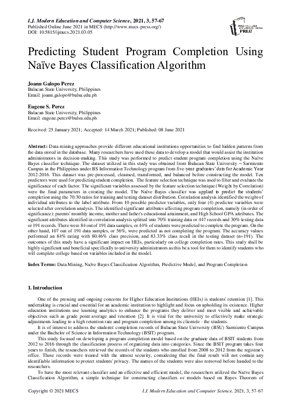(PDF) Predicting Student Program Completion Using Naïve Bayes ...