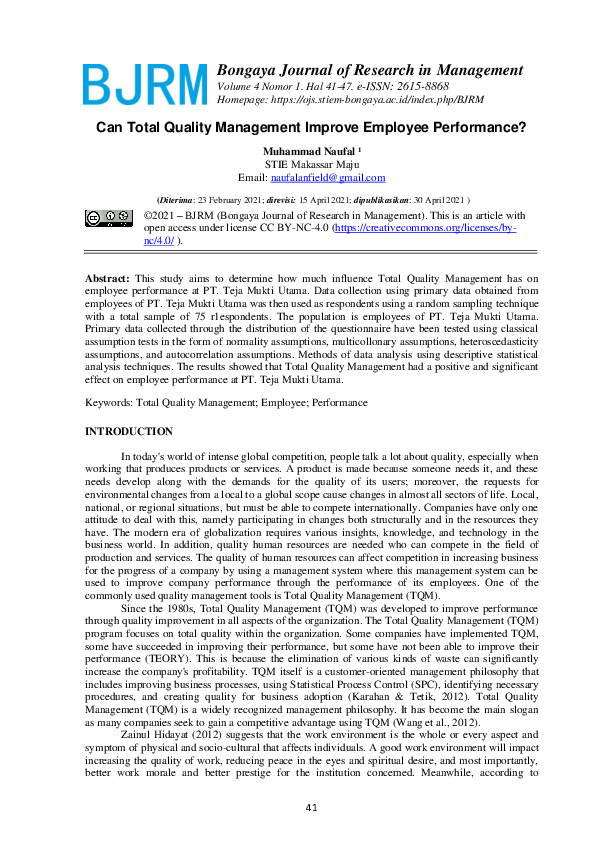 (PDF) Can Total Quality Management Improve Employee Performance?