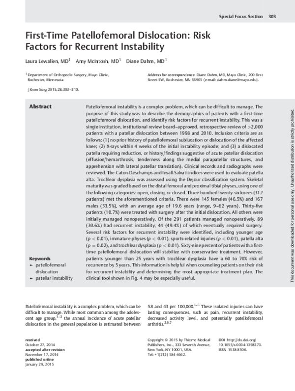 (PDF) First-Time Patellofemoral Dislocation: Risk Factors for Recurrent ...