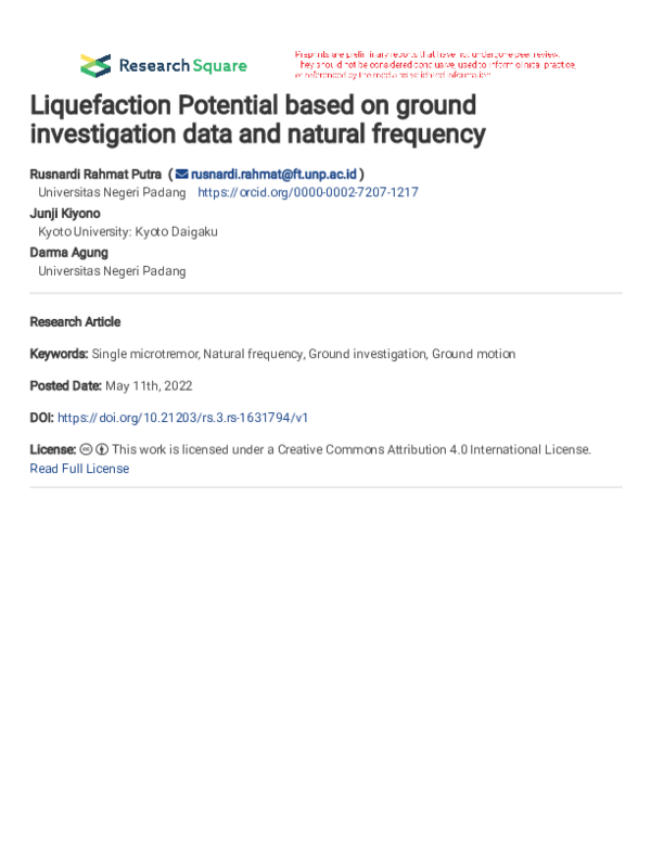 (PDF) Liquefaction Potential based on ground investigation data and natural frequency