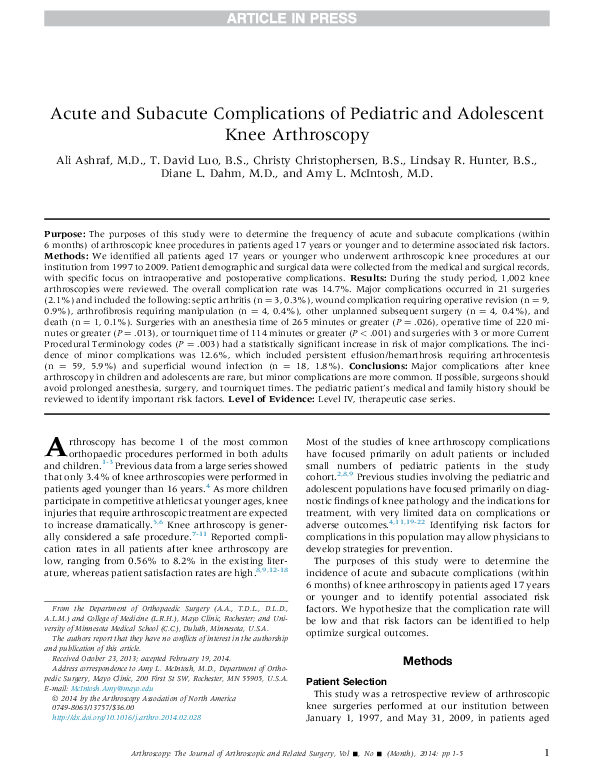 (PDF) Acute and Subacute Complications of Pediatric and Adolescent Knee ...