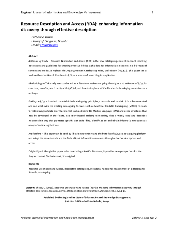 (PDF) Resource Description and Access (RDA): enhancing information discovery through effective ...