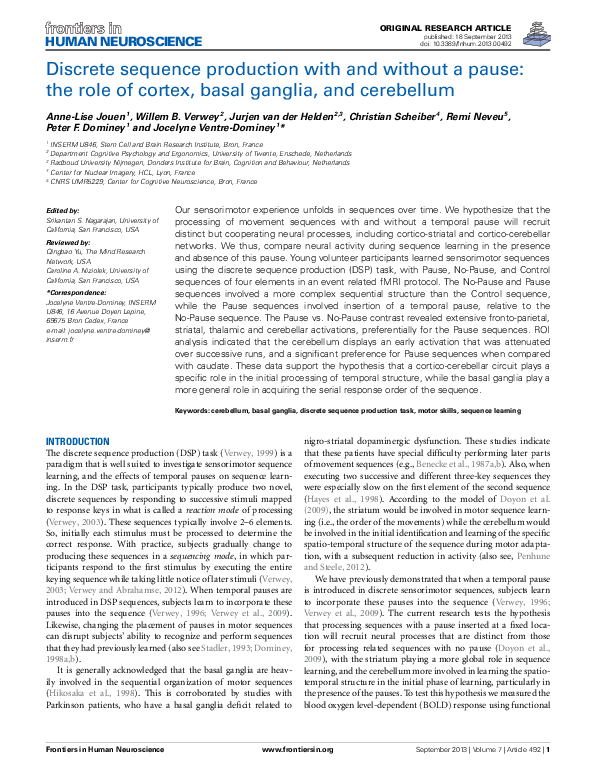 (PDF) Discrete sequence production with and without a pause: the role of cortex, basal ganglia ...