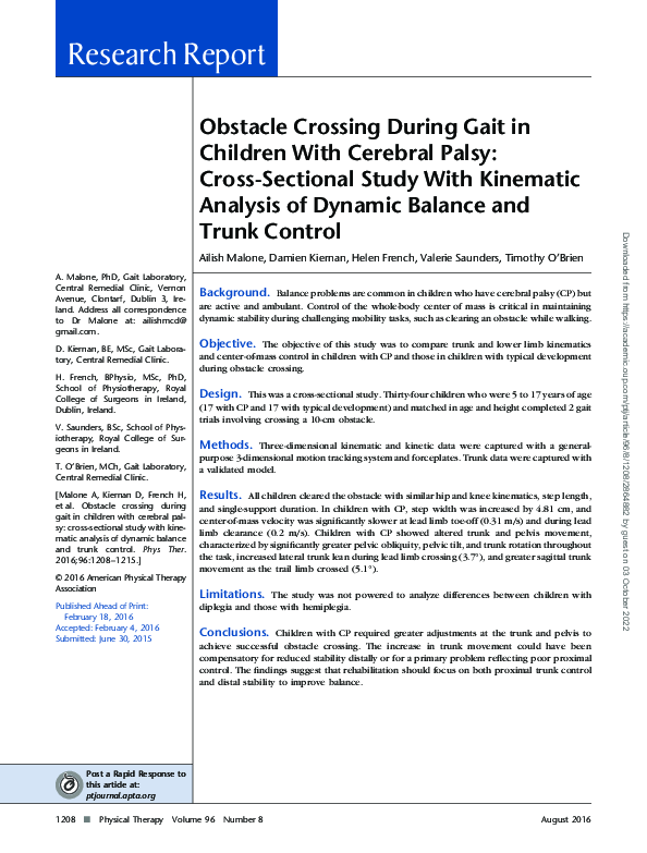 (PDF) Obstacle Crossing During Gait in Children With Cerebral Palsy: A ...
