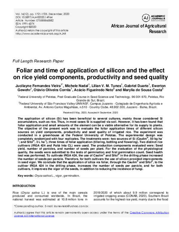 Pdf Foliar And Time Of Application Of Silicon And The Effect On Rice