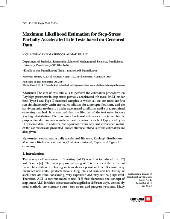 Pdf Maximum Likelihood Estimation For Step Stress Partially Accelerated Life Tests Based On