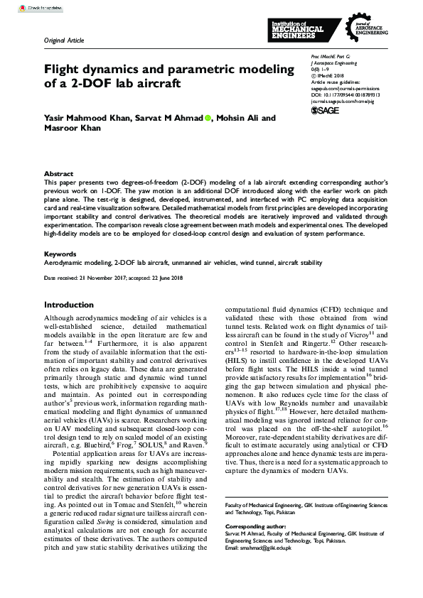 Pdf Flight Dynamics And Parametric Modeling Of A 2 Dof Lab Aircraft
