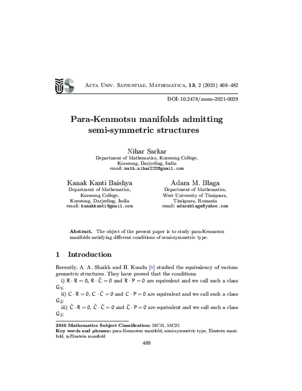 Pdf Para Kenmotsu Manifolds Admitting Semi Symmetric Structures