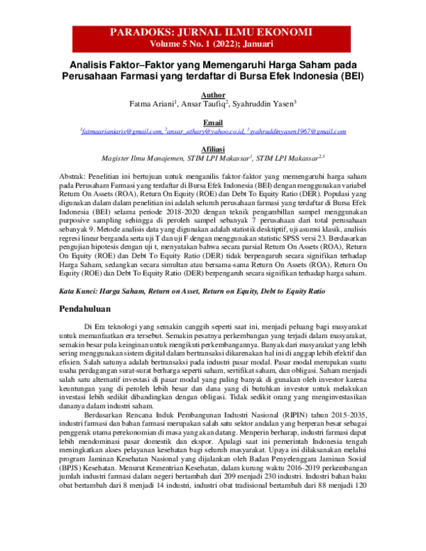 (PDF) Analisis Faktor–Faktor yang Memengaruhi Harga Saham pada Perusahaan Farmasi yang terdaftar ...