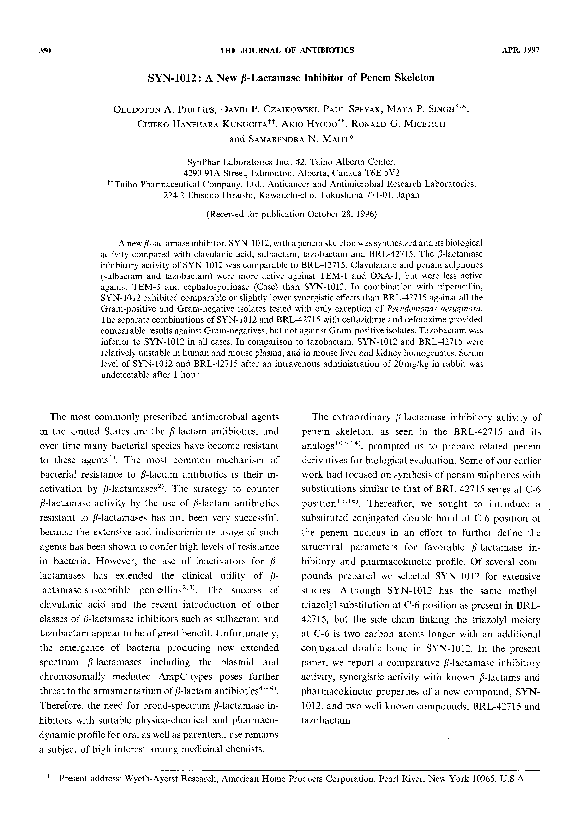 (PDF) SYN-1012: A New .BETA.-Lactamase Inhibitor of Penem Skeleton