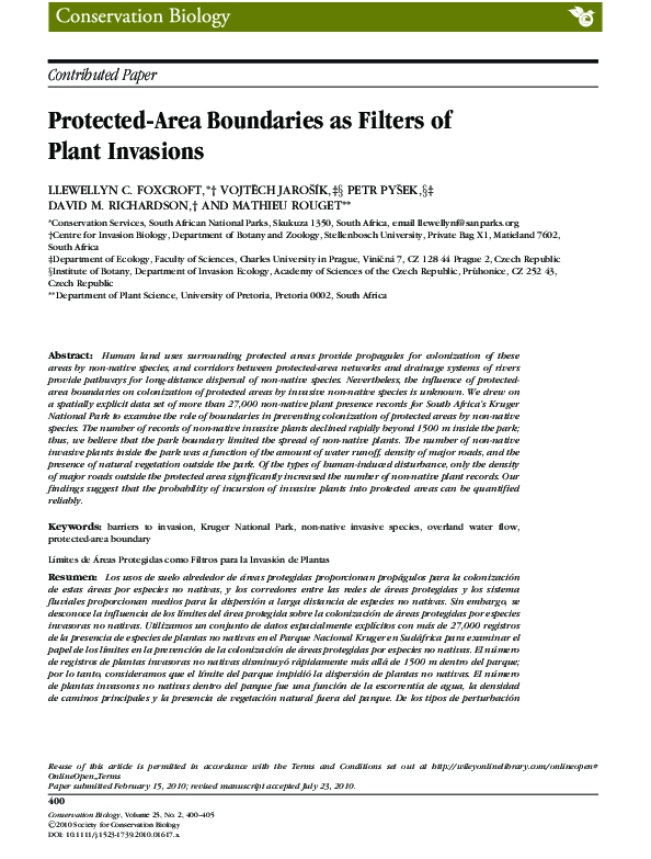 (PDF) Protected-Area Boundaries as Filters of Plant Invasions