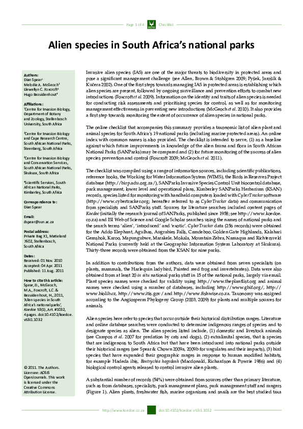 (PDF) Alien species in South Africa’s national parks
