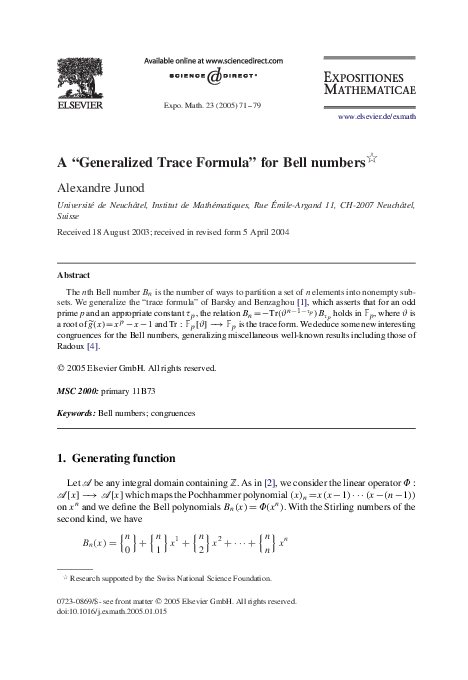 (PDF) A “Generalized Trace Formula” for Bell numbers