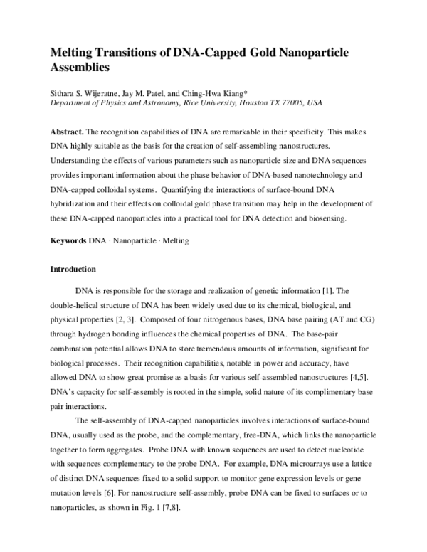 (PDF) Melting Transitions of DNA-Capped Gold Nanoparticle Assemblies