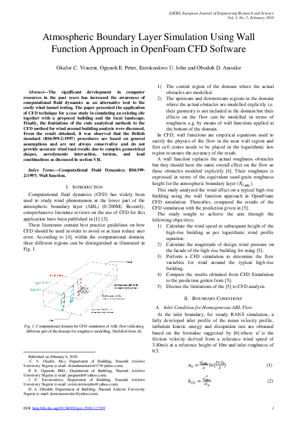 Pdf Atmospheric Boundary Layer Simulation Using Wall Function Approach In Openfoam Cfd