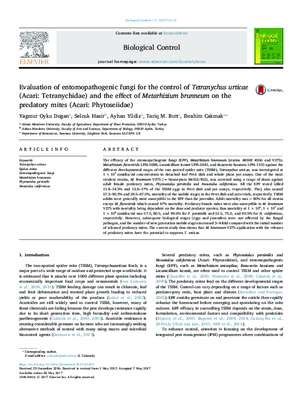 (PDF) Evaluation of entomopathogenic fungi for the control of Tetranychus urticae (Acari ...