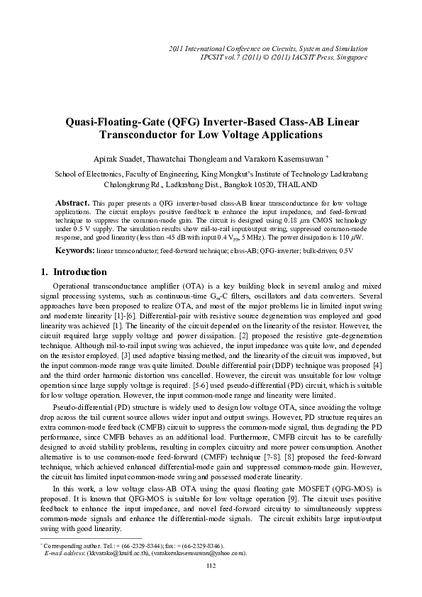 Pdf Quasi Floating Gate Qfg Inverter Based Class Ab Linear